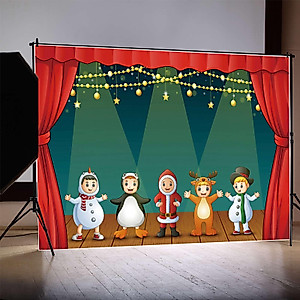 MOONDECO Photography Backdrop 5x3ft Christmas Red Curtain Gold Star Ball Lights Dance Stage Background Children Wood Plank Floor Party Photo Booth