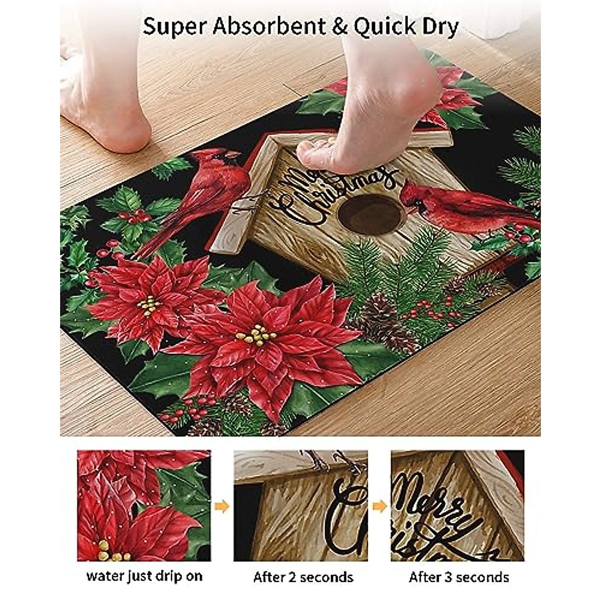 Christmas Bath Mat for Tub,Non Slip Bathroom Floor Runner Rug Quick Dry & Absorbent Diatomaceous Earth Shower Sink Kitchen Living Room Washable Doormat,Xmas Red Poinsettia Green Pine Tree 16"x24"