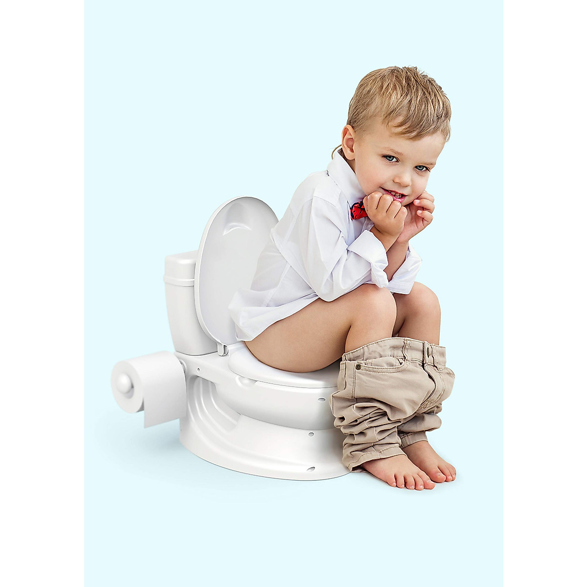 Toylet Potty Training Toilet Seat | Toddler Potty Training with Comfy Seat Cover, Tank Storage & Paper Roll Holder | Easy to Empty and Clean | Soft & Comfortable Potty Trainer for Boys & Girls (White)