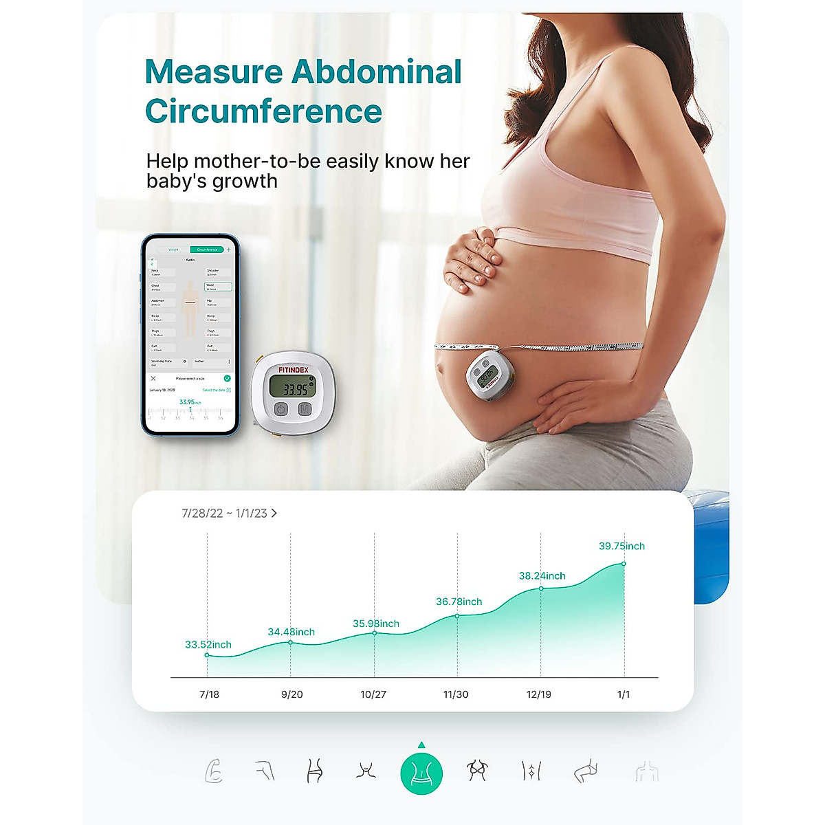 FITINDEX Smart Tape Measure Body, Bluetooth Measuring Tape for Body with App, Accurately Retractable Digital Body Tape Measure for Weight Loss, Fitness, Body Building, inch&cm