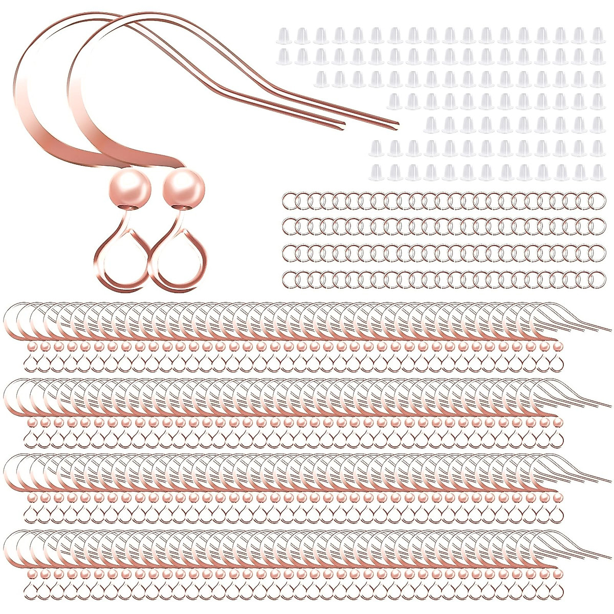 160 PCS/80 Pairs Earring Hooks Rose Gold Tone Plated Hypoallergenic Ear Wires Fish Hooks with 100 PCS Clear Silicone Earring Backs and 100 PCS Jump Rings Earring Finding for DIY Jewelry Making