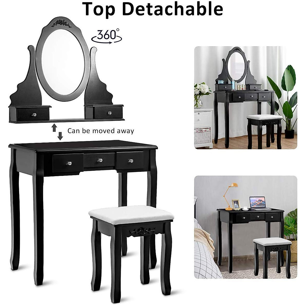 Vanity Table Set, Wooden Dressing Table with Oval 360° Rotating Mirror, 5 Storage Drawers, Painted Finish, Vanity Makeup Table with Padded Stool Seat, Detachable Table Top, Easy to Assemble (Black)