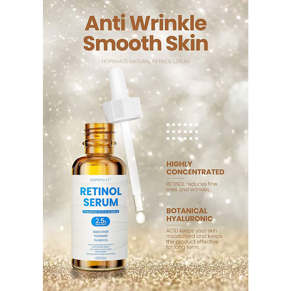 HOPEMATE Natural Facial Retinol Serum with Hyaluronic Acid& Vitamin E, New Skin Treatment Formula, Organic Anti Wrinkle Reducer, Anti Aging Moisturizer, Dark Circles, Scar, Sun Damage Corrector