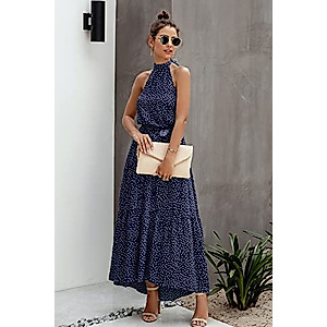 PRETTYGARDEN Women’s Casual Halter Neck Sleeveless Floral Long Maxi Dress Backless Loose Ruffle Sundress with Belt (Navy,X-Large)