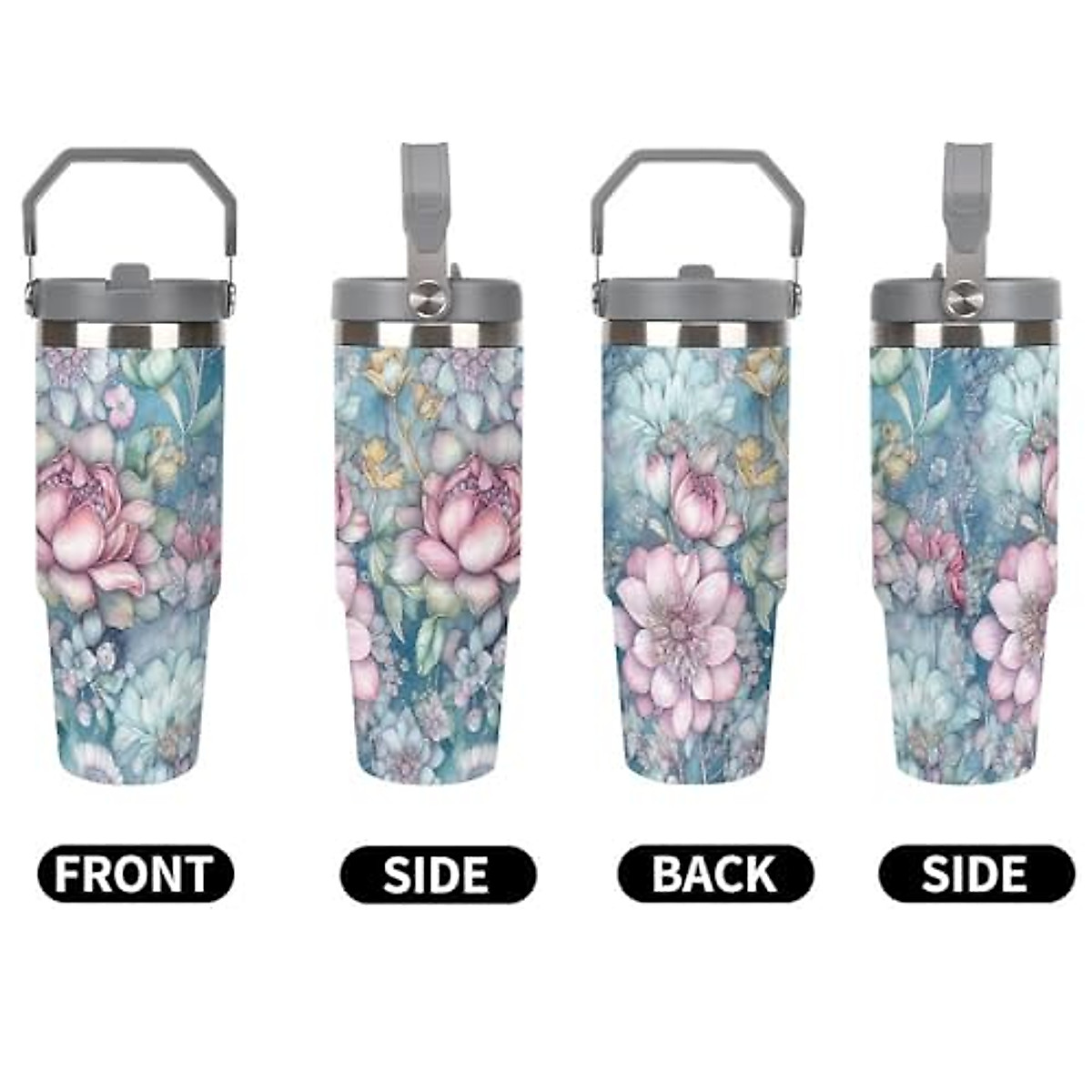 YTLKGFP 30 Oz Large Capacity Car Cup Blue Style Flowers Tumbler with Handle Straw Lid Insulated Stainless Steel Water Bottle Travel Mug Leak-proof Car Cup Keeps Cold Or Hot