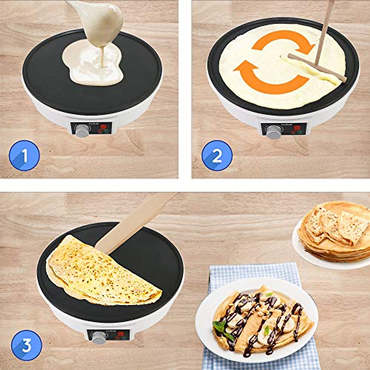 12" Electric Crepe Maker by StarBlue with FREE Recipes e-book and Wooden Spatula - Perfect for Crepes, Roti, Tortillas, Blintzes, Pancakes, Waffles, Eggs, Bacon AC 120V 50/60Hz 1000W