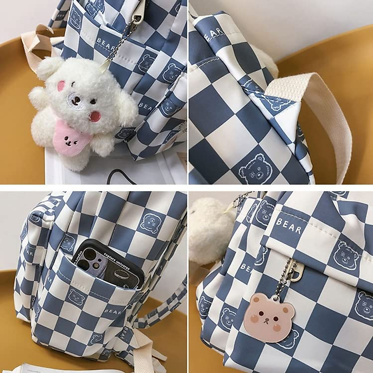 Kawaii Plaid Mini Backpack with Plush Bear Pendant for Girl Small Medium School Bag (Light Blue)