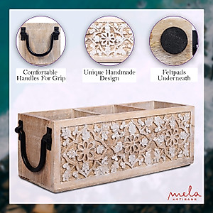 Mela Artisans Wood Utensil Holder for Kitchen | 3 Compartments - Whitewash & Black | Rustic Farmhouse Home Decor | Bathroom Organizer | Decorative Wooden Caddy | Desktop Organization | 13" Length