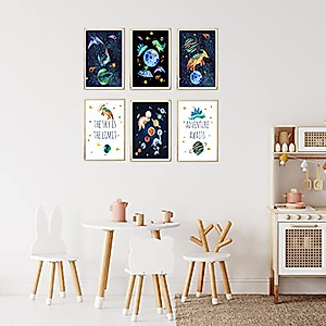 URROA Set of 6 Space Dinosaur Astronauts Printable Wall Art, Digital Download, Space Nursery Decor, Outer Space Prints, Dinos Boy Bedroom Decor