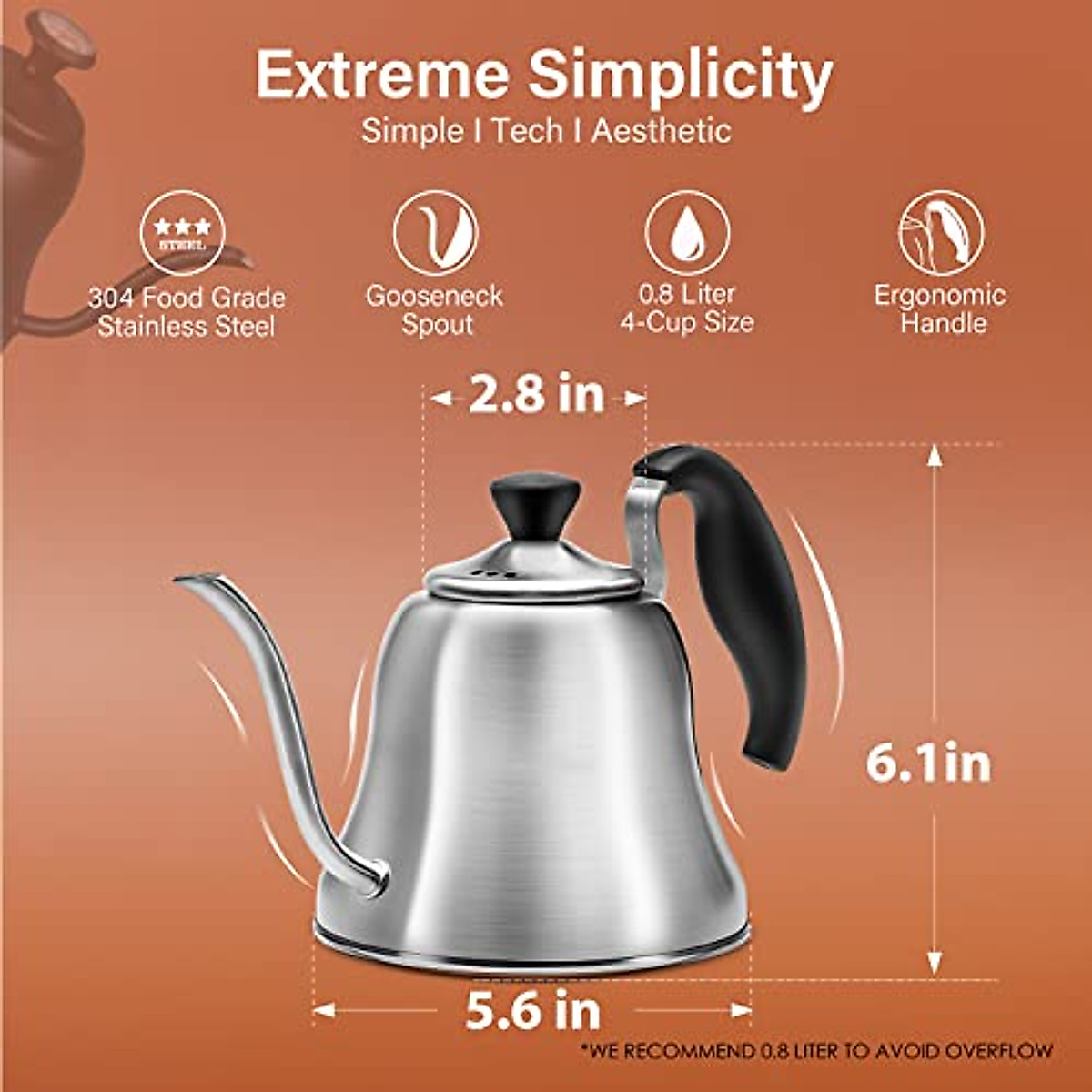 Chefbar Coffee Kettle for Stove Top Premium Gooseneck Kettle, Pour Over Coffee Kettle, Tea Pot Stovetop Teapot, Hot Water Heater for Camping, Home & Kitchen, Stainless Steel - Small 28oz, Brushed