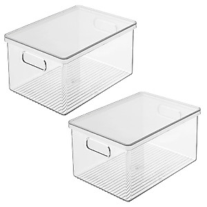 mDesign Plastic Pantry Storage Box Container with Lid and Built-In Handles - Organization for Flour, Cereal, Pasta, Rice, or Food in Kitchen Cupboard, Ligne Collection, 2 Pack, Clear/Clear