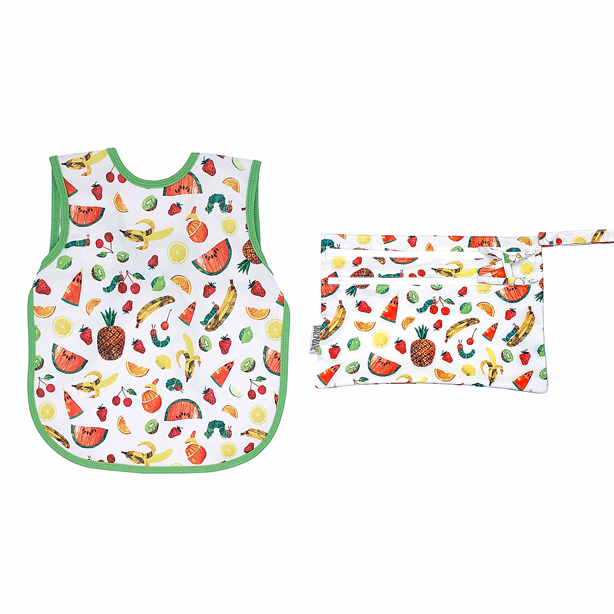 BapronBaby Eric Carle Tropical Fruit Bundle - Bapron (Sz Baby/Toddler 6m-3T) + Wet Bag 11" x 9" Bundle - Soft Waterproof Stain Resistant Bib - Machine Washable
