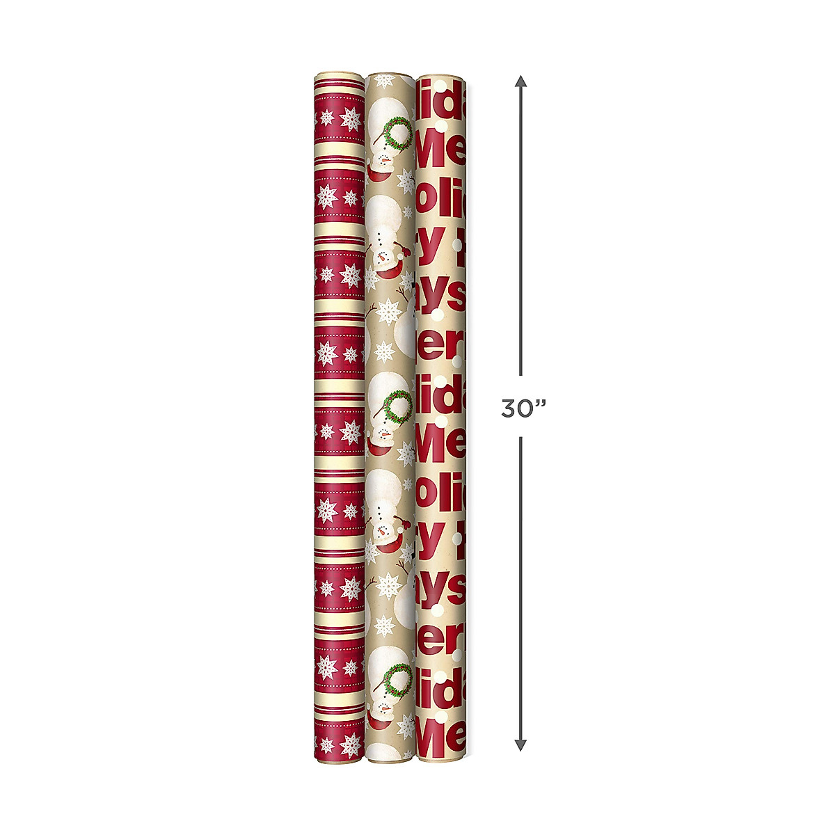 Hallmark Reversible Christmas Wrapping Paper (3 Rolls: 120 sq. ft. ttl) "Merry Holidays," Snowflakes, Snowmen, Red Stripes