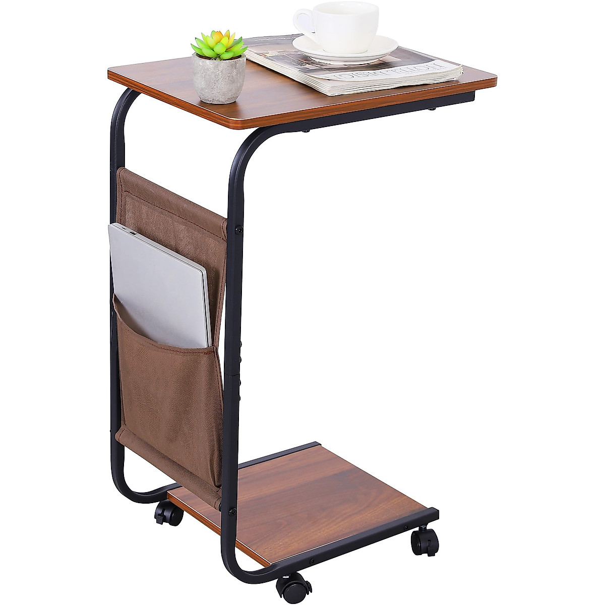 HITACTS C Shaped End Table Movable Couch Side Table with Storage Bag Small 2 Tier Sofa Bed Side Table with Sturdy Metal Frame and Lockable Wheels for Living Room & Bedroom (15.7" L x 11" W x 25" H)