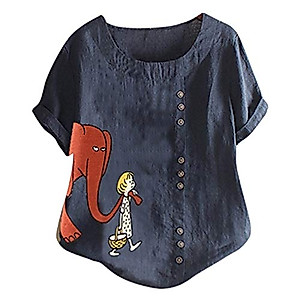 Bravetoshop Women's Short Sleeve Cotton Linen Shirt Floral Graphic Tops Casual Summer T-Shirt Comfy Plus Size Blouse (G-Black,XL)