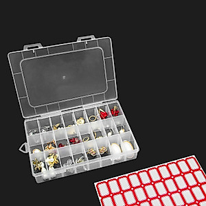 CAZCAL 24 Grids Clear Plastic Organizer Box with Adjustable Dividers for Beads Organizer Earrings Necklaces Art DIY Crafts Jewelry Fishing Tackles craft storage with 1 Sheet Label Stickers