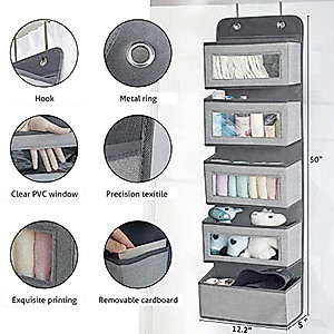 homyfort Over the Door Hanging Organizer Storage with 5 Large Pockets,Wall Mount Storage with Clear Windows and 2 Widened Metal Hooks for Pantry,Nursery,Diapers,Bathroom,kitchen,Closet,Dorm(Grey)