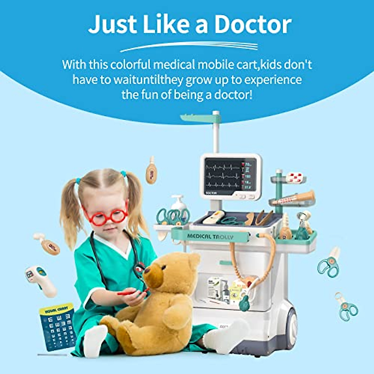 Deejoy Toy Doctor Kit for Kids, Pretend Medical Station Set for Boys & Girls, 28 Accessories Mobile Cart with Lights and Thermometer, Kids Doctor Kit for Toddlers 3-5 Years Old