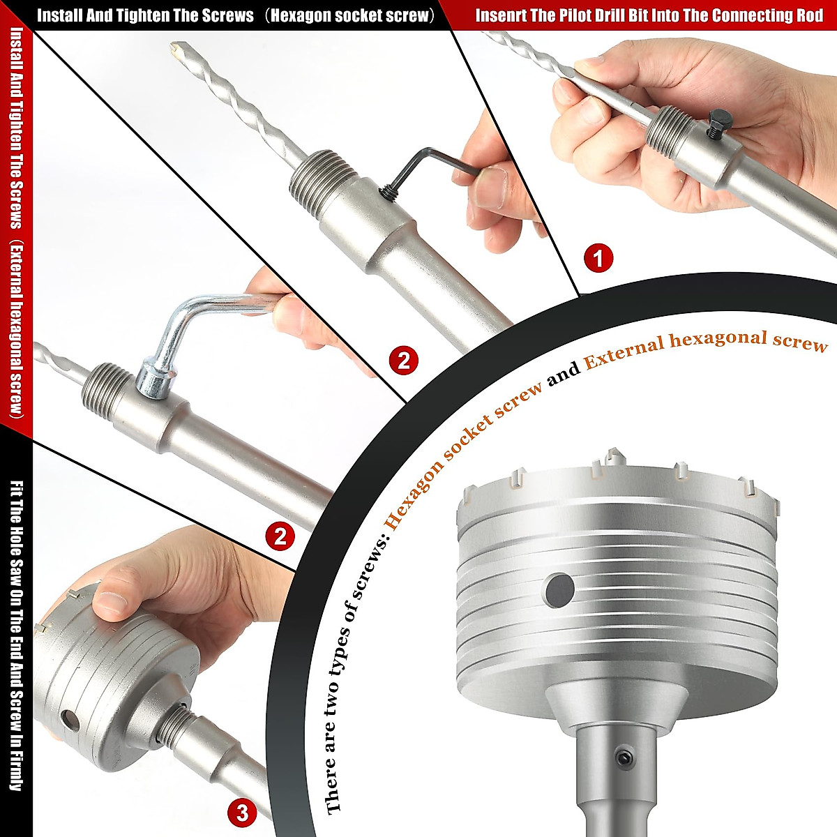 Zeliceka 17PCS Concrete Hole Saw Kit with SDS Plus & Max Shank, Kit Size 30 40 50 65 80 100 110 MM, Concrete Hole Saw Set for Concrete Brick Stone Cement Wall