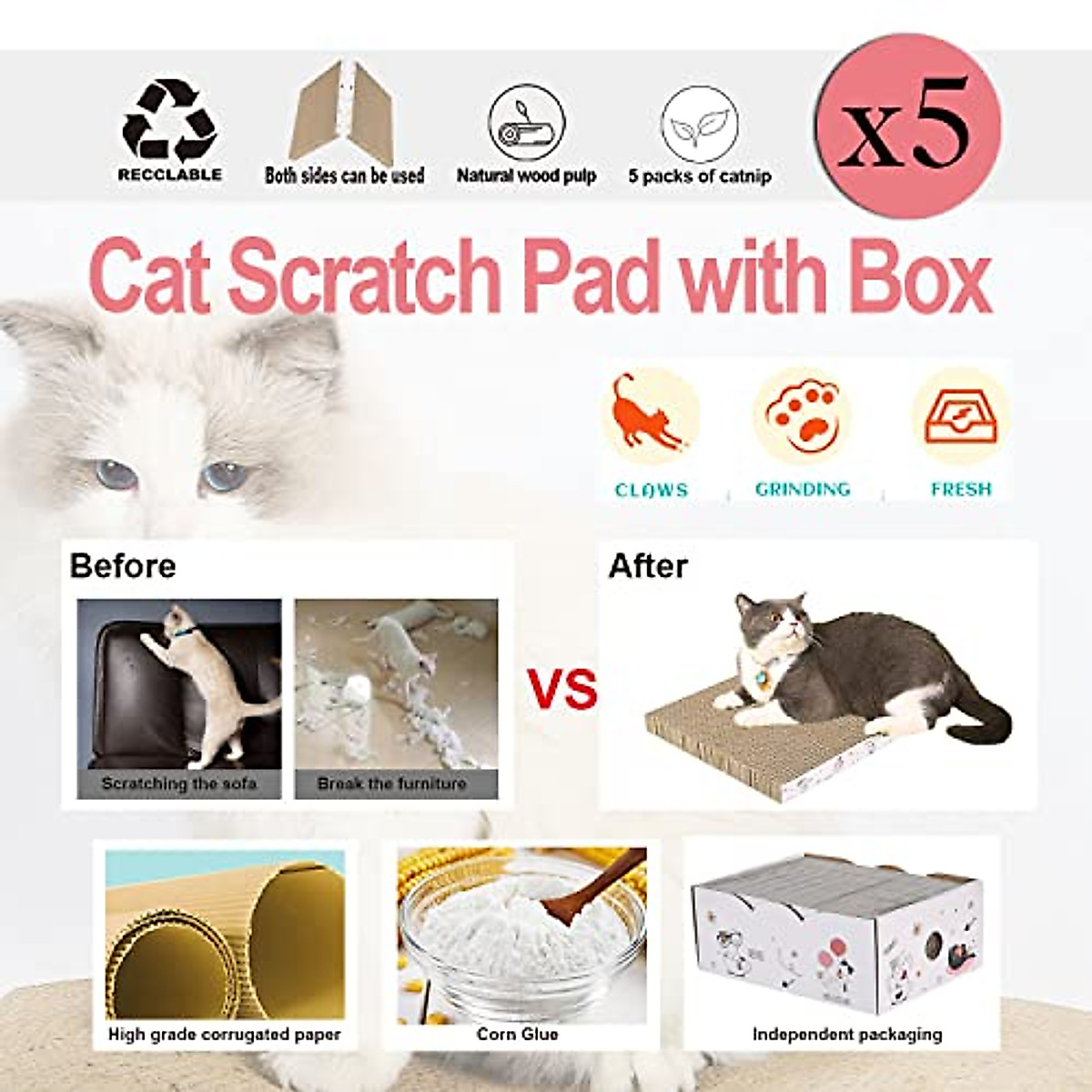 5 Packs in 1 Cat Scratch Pad with Box, Cat Scratcher Cardboard,Reversible,Durable Recyclable Cardboard, Suitable for Cats to Rest, Grind Claws and Play with Scratch Box