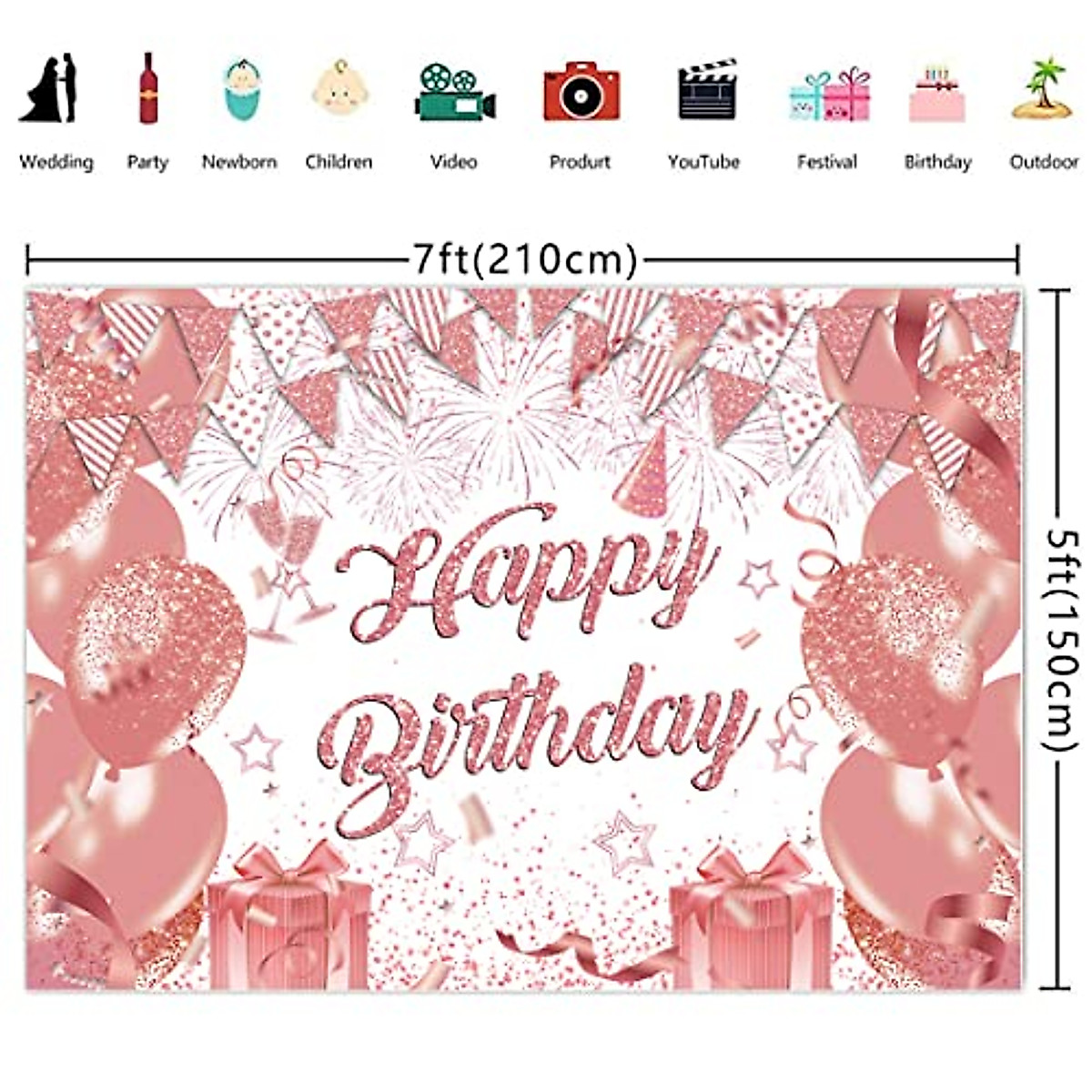 Wollmix Rose Gold Happy Birthday Decorations for Women Banner Backdrop 7x5ft Party Sweet 16 Girls Balloons Glitter Dots Photography Background Supplies Photo Booth Studio Cake Table