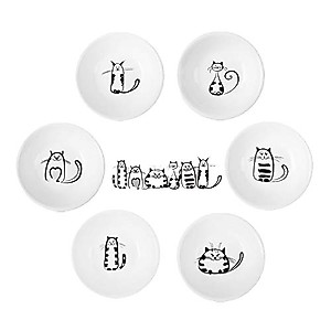 BigNoseDeer Super Cute Cat Ceramic Sauce Dish,Mini Side Seasoning Dish,Condiment Dishes,Sushi Soy Dipping Bowl,Snack Serving Dishes,Meow Porcelain Small Saucer Set(Set of 6)