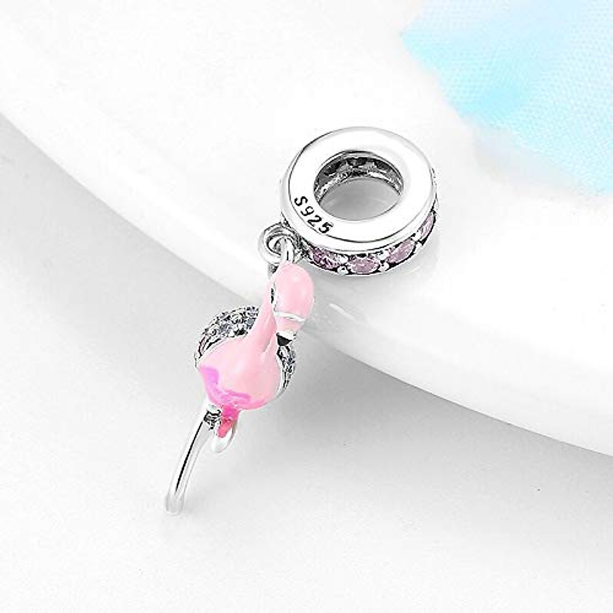 YUHE Pink Flamingo Charm 925 Sterling Silver Beads with Clear CZ Fit Women Pandora Style Bracelet,for Thanksgiving/Christmas Day
