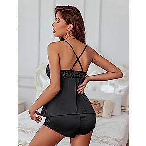 Avidlove Women's Silk Pjs Set Satin Pajamas Sets Cami Shorts Sets Women Lace Sleepwear Black