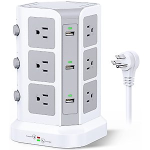Power Strip Tower by KOOSLA, [15A 1500J] Surge Protector - 12 AC Multiple Outlets and 6 USB Ports, Flat Plug 14 AWG Heavy-Duty Extension Cord 6.5ft, Home Office Supplies, Dorm Room Essentials White
