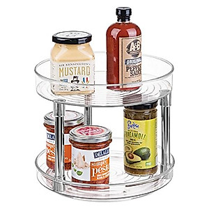 mDesign 2 Tier Lazy Susan Turntable Food Storage Container for Cabinets, Pantry, Fridge, Countertops - Raised Edge, Spinning Organizer for Spices, Condiments - 9" Round - Clear/Chrome