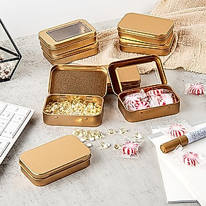 Restaurantware RW Base 4.5 Ounce Rectangular Tin Containers 10 Durable Tin Boxes With Lids - Clear Window Lids Rounded Edges Gold Tin Storage Containers Customizable Fits Mints Or Pills