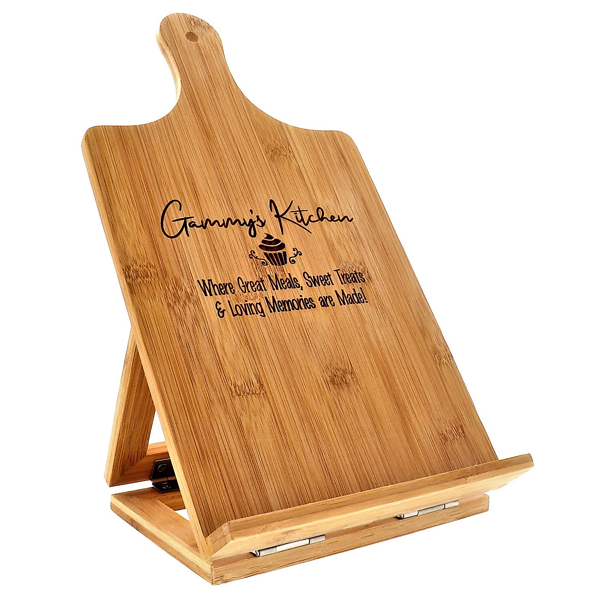 Gammy’s Recipe Cookbook Holder Stand Gift - Custom Engraved Bamboo Cutting Board Foldable Chef Easel Metal Hinges Kickstand iPad Tablet Compatible Christmas Birthday Kitchen Decor Design (7.25x13.5)