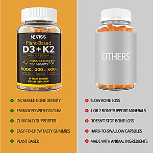 Vitamin D3 5000iu & K2( as MK7 ) 200mcg Gummies + 600mg Calcium, with Coconut Oil for High Absorption, Maximum Strength Vitamin D3 K2 Supplement - Support for Bones Muscle Teeth Immune, Vegan 2Packs