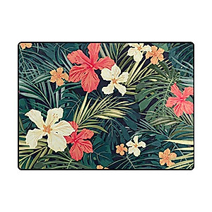 ALAZA Tropical Palm Tree Leaves Hibiscus Flowers Area Soft Non Slip Floor Mat Washable Carpet for Bedroom Living Room 1 Piece 4x5 Feet