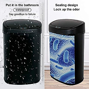 13 Gallon Touch Free Automatic Stainless Steel Trash Can Garbage Can Metal Trash Bin with Lid for Kitchen Living Room Office Bathroom, Electronic Touchless Motion Sensor Automatic Trash Can Black