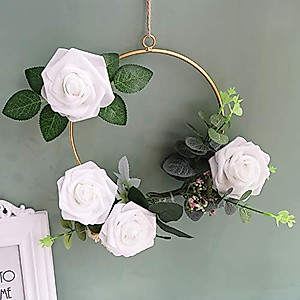 Artificial Flowers 25pcs White Real Looking Foam Rose Fake Flowers with Stem/Leaves for DIY Wedding Bouquets Centerpieces Floral Arrangments Home Party Decorations
