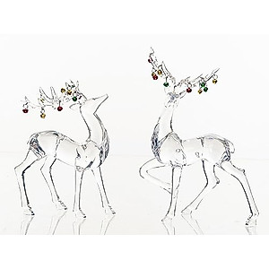 Christmas Reindeer Set of 2 in Clear Acrylic, Christmas Jingle Bells on Antlers, Holiday Deer Figurines, 10 and 11 Inches High, Cut Glass Appearance