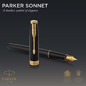 PARKER Sonnet Fountain Pen, Black Lacquer with Gold Trim, Medium Nib (1931495)