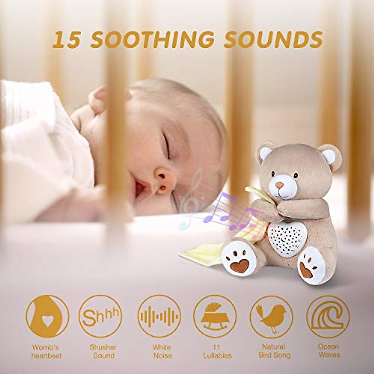 BEREST Rechargeable Sleep Soother Heartbeat Dreamy Bear, Baby Cry Sensor Lullabies & Shusher White Noise Machine, Nursery Decor Night Light Projector, Toddler Crib Sleeping Aid Baby Shower Gifts Teddy