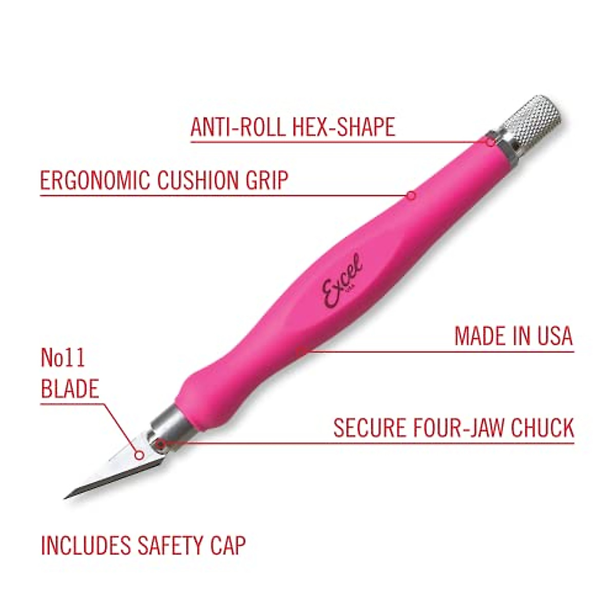 Excel Blades Fit Grip Knife - Ultra Sharp Knife with Carbon Steel Angled Edge Blade & Contoured Rubberized Grip - Light Duty Cutting Tool for Precision Cutting and Trimming - Pink, Made in the USA