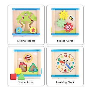 DalosDream Wooden Activity Cube with Bead Maze - 6 in 1 Multipurpose Educational Wood Shape Color Sorter Toy for Toddlers, Activity Center for Kids (6 in 1)
