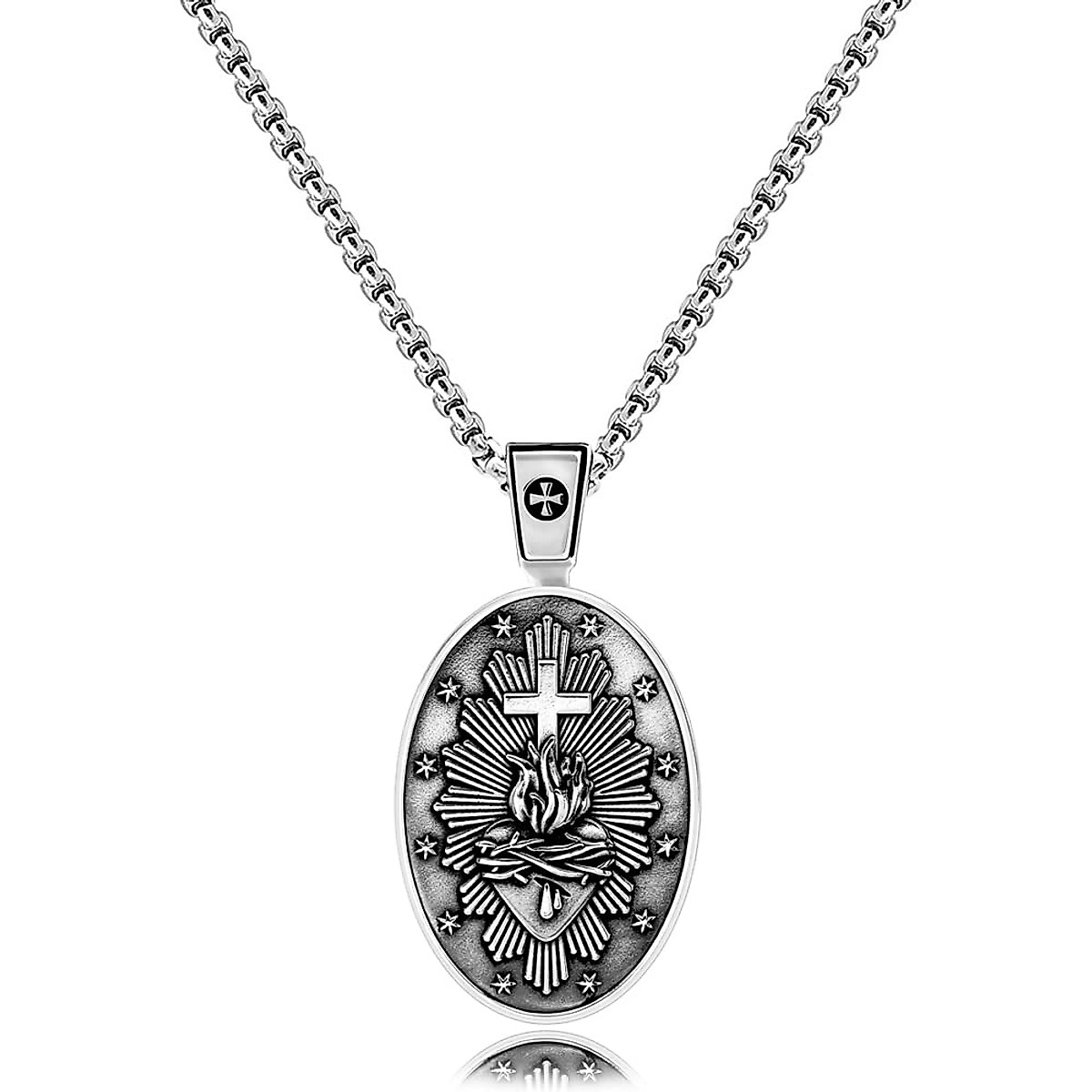 VENICEBEE® Cross Jesus Christ Sacred Heart Medal Divine Love Flame Devotional Christian Amulet Unique Solid 925 Sterling Silver Pendant Necklace + Velvet Pouch, Polishing Cloth, Fine Gift Box