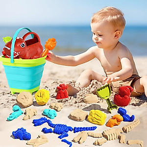 Lehoo Castle Beach Sand Toys, Sandbox Toys with Collapsible Sand Buckets and Shovels for Kids, Included Dinosaur Sand Molds, Mesh Bag, Watering Can, Summer Outdoor Toys for Boys Girls