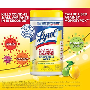 Lysol Disinfectant Wipes, Multi-Surface Antibacterial Cleaning Wipes, For Disinfecting and Cleaning, Lemon and Lime Blossom, 80 Count (Pack of 1)