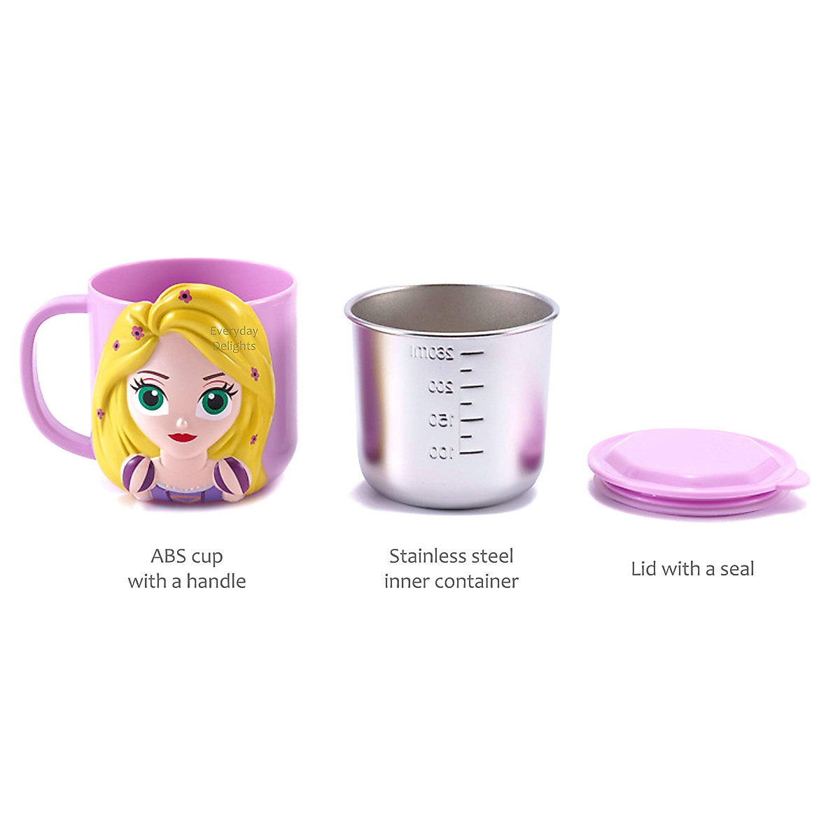 Everyday Delights Princess Aurora Pink Durable Stainless Steel Insulated 3D Cup with Lid, 250ml