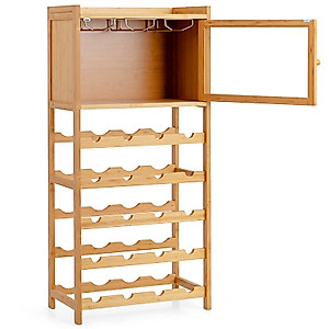 GOFLAME Floor Bamboo Wine Rack Cabinet, 20 Bottles Freestanding Wine Bottle Organizer with Glass Holder and Large Tabletop, Wine Display Storage Shelves for Dining Room, Kitchen, Pantry, Cellar, Bar