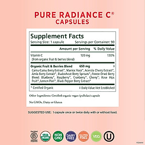 PURE SYNERGY Pure Radiance C | Organic Vitamin C Capsules | 100% Natural, Whole Food, Non-GMO Supplement with Camu Camu Extract | for Immune and Collagen Support (90 Capsules)