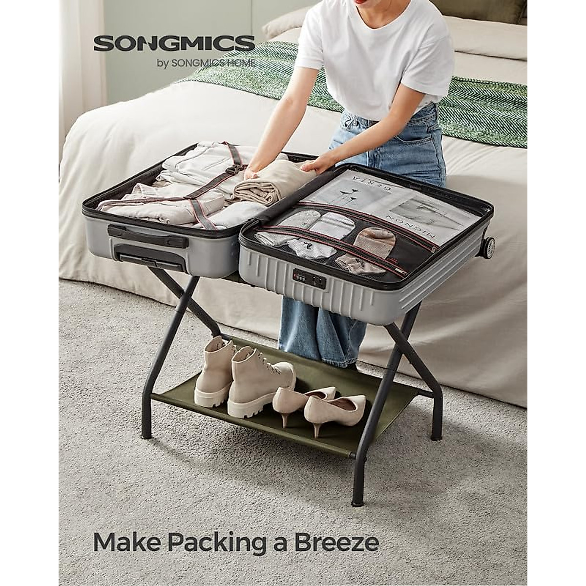 SONGMICS Luggage Rack, Suitcase Stand with Fabric Storage Shelf, for Guest Room, Bedroom, Hotel, Foldable, Holds up to 110 lb, 27.2 x 15 x 20.5 Inches, Forest Green and Black URLR002C01