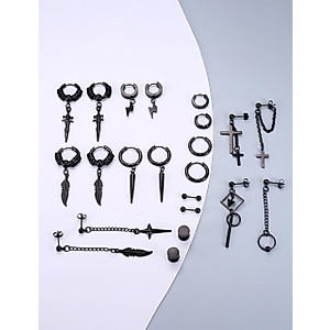 Fiasaso 22Pcs Dangle Earrings for Men Stainless Steel Hinged Hoop Earrings Long Chain Stud Cross Dangle Earrings Set Kpop Earrings for Mens Black