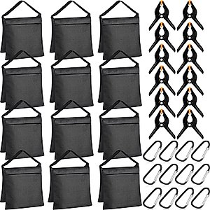 Hoteam 12 Sets Sandbag Outdoor Curtain Weighted Bags Sets with Spring Clamps, Hooks for Light Brackets, Heavy Photography Light Stand Tripod for Fixed Brackets Sports Outdoor Photo Video